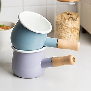 FYUEROPA 4-Inch Enamel Milk Pot Non-stick Mini Saucepan Butter Warmer with Wooden Handle Small Cookware 17Oz (Purple)