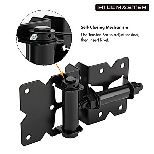 2 Pack Self Closing Gate Hinges for Wooden Fences Heavy Duty Solid Vinyl Fence Gate Closer Hinges with 22 Screws Swing Adjuster Tool 90 Degree Tension Boerboel Gate Hardware Kit Black Finish