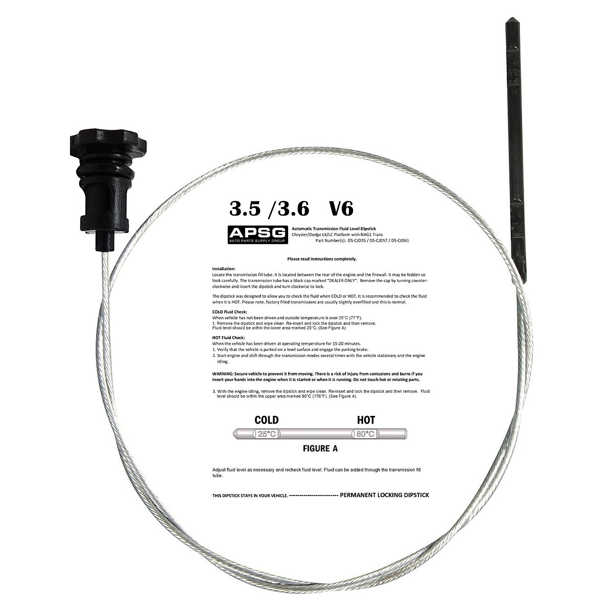 V6 3.5/3.6 | Automatic Transmission Dipstick | PERMANENT LOCKING | for 300 300C C, Challenger, Charger, Magnum and NAG-1 / W5A580 | STAYS in VEHICLE ! | (replaces cap, top, plug)