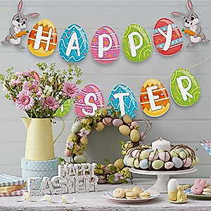 Happy Easter Banner Garland Easter Banner Paper Easter Bunnies Egg Sign for Party Decorations Supplies Home Decor for Mantle Fireplace…