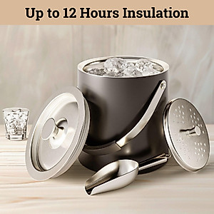 Insulated Ice Bucket with Lid, Strainer, Scoop & Handle - 3L Stainless Steel Double Wall Ice Bucket - Black Ice Bucket for Cocktail Bar - Ice Bucket with Scoop - Large Ice Buckets for Parties with Lid