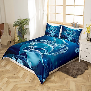 3D Dolphin Print Bedding Set,Moonlight at Night Comforter Cover Set for Teens Women Room Decor,Sea Animals Duvet Cover Breathable Dolphin Jumping Bedspread Cover Full Size,Blue(No Comforter)