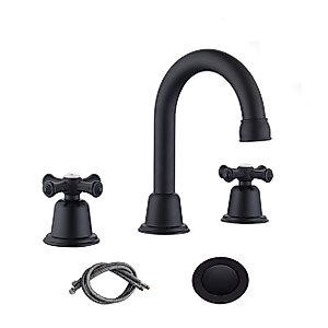 RKF Bathroom Faucets for Sink 3 Hole Matt Black 8 inch Widespread Bathroom Sink Faucet with Drain 2 Handles Cross Knobs Faucet Bathroom Vanity Faucet Basin Mixer Tap Faucet with Hose & Deck CWF039-MB