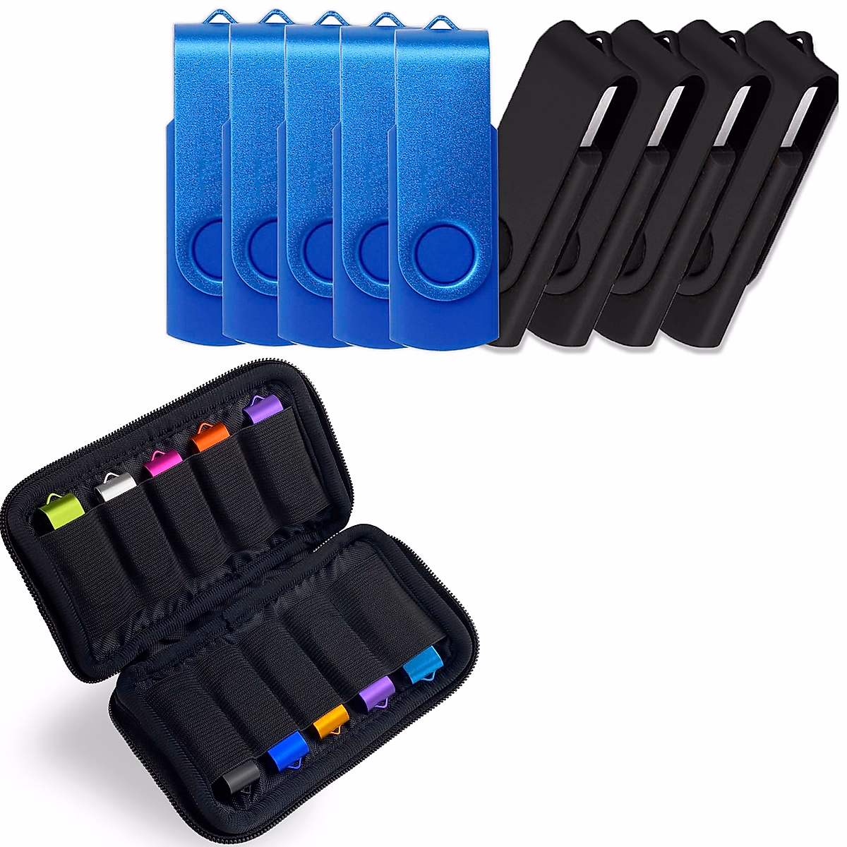 Bundle of USB Case of 10 Slots and 32GB USB Flash Drives 10 Pack Blue Mix Black USB Holders to Organize 10 Thumb Drives 32 GB