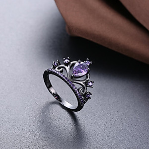WANGYUSHENG Womens Black Gold Plated Purple Amethyst Cubic Zirconia CZ Princess Crown Tiara Ring Wedding Band (6)