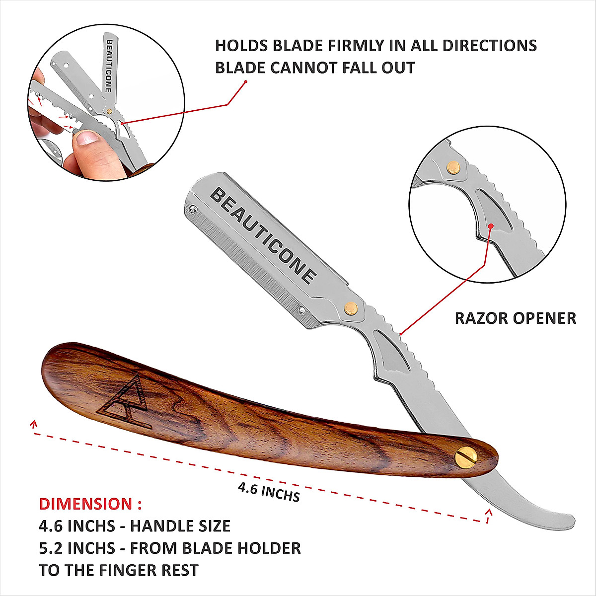 BEAUTICONE Straight Razor for Men, Professional Rose Wooden Handle with Polished Blade Barber Razor with 100 Single Edge Blades, Straight Edge Single Blade Razors for Men
