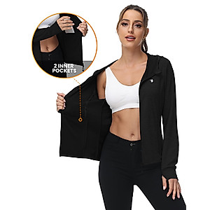 Rdruko Women's Zip Up Hoodie Light Active Jacket UPF 50+ Hiking Outdoor Sun Shirts(Black, US L)