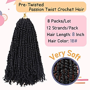 LOSMOEER 8 Packs Passion Twist Crochet Hair 8 Inch Natural Black Pre-twisted Crochet Passion Twist Hair Pre-looped Crochet Braids Hair for Women Passion Twists Braiding Hair Synthetic Hair Extensions