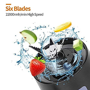 Portable Blender, YKSINX Smoothie Blender, Personal Mini Blender for Shakes and Smoothies, Six Blades in 3D, 13oz 2000mAh Powerful USB Rechargeable Home Travel Fruit Juicer Cup (Black)