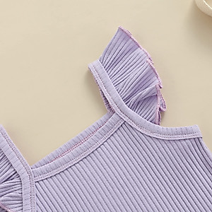 Toddler Baby Girl Summer Short Clothes Ribbed Ruffle Sleeve Tops+Elastic Drawstring Short Pants Two Piece Solid Outfit Set (A-Purple, 12-18 Months)