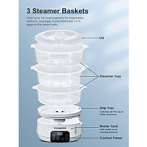 Cozeemax Electric Food Steamer for Cooking, 13.7QT Digital Vegetable Steamer 800W with 3 Tiers BPA Free Dishwasher Safe Lids and Stackable Baskets, Auto Shut-off, Boil Dry Protection (White)