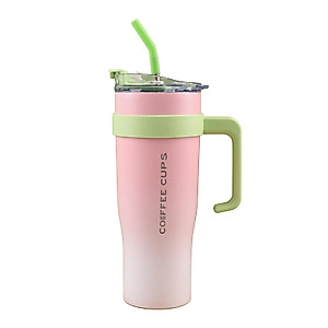 Taumy Large capacitly stainless steel drinking cup with handle and straw, Reusable, Easy to clean, Leak-proof andinsulated travel mug (Pink)