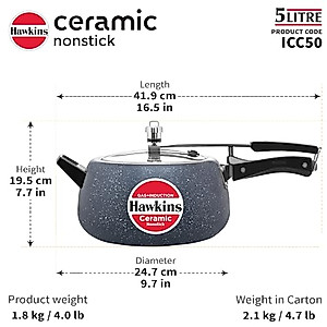 Hawkins 5 Litre Ceramic Nonstick Pressure Cooker, Induction Inner Lid Cooker, Granite Contura shaped Cooker, Best Cooker, Blue (ICC50)