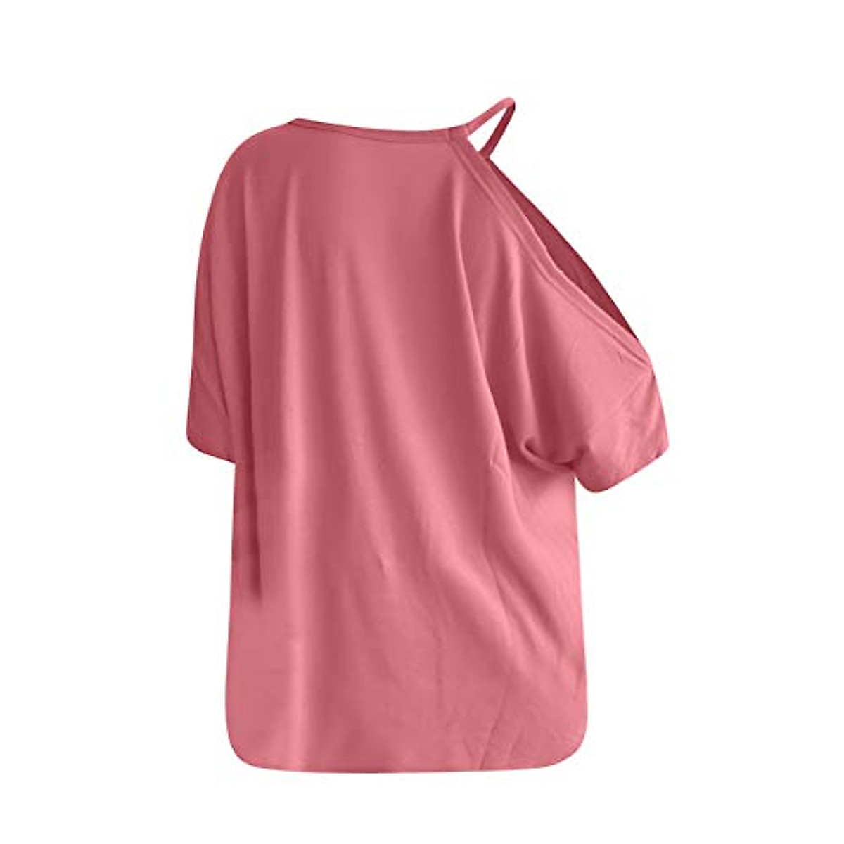 Women's Summer Fashion O-Neck Strapless Solid Short Sleeve Shirts Tops Loose T Shirt(Pink, M)