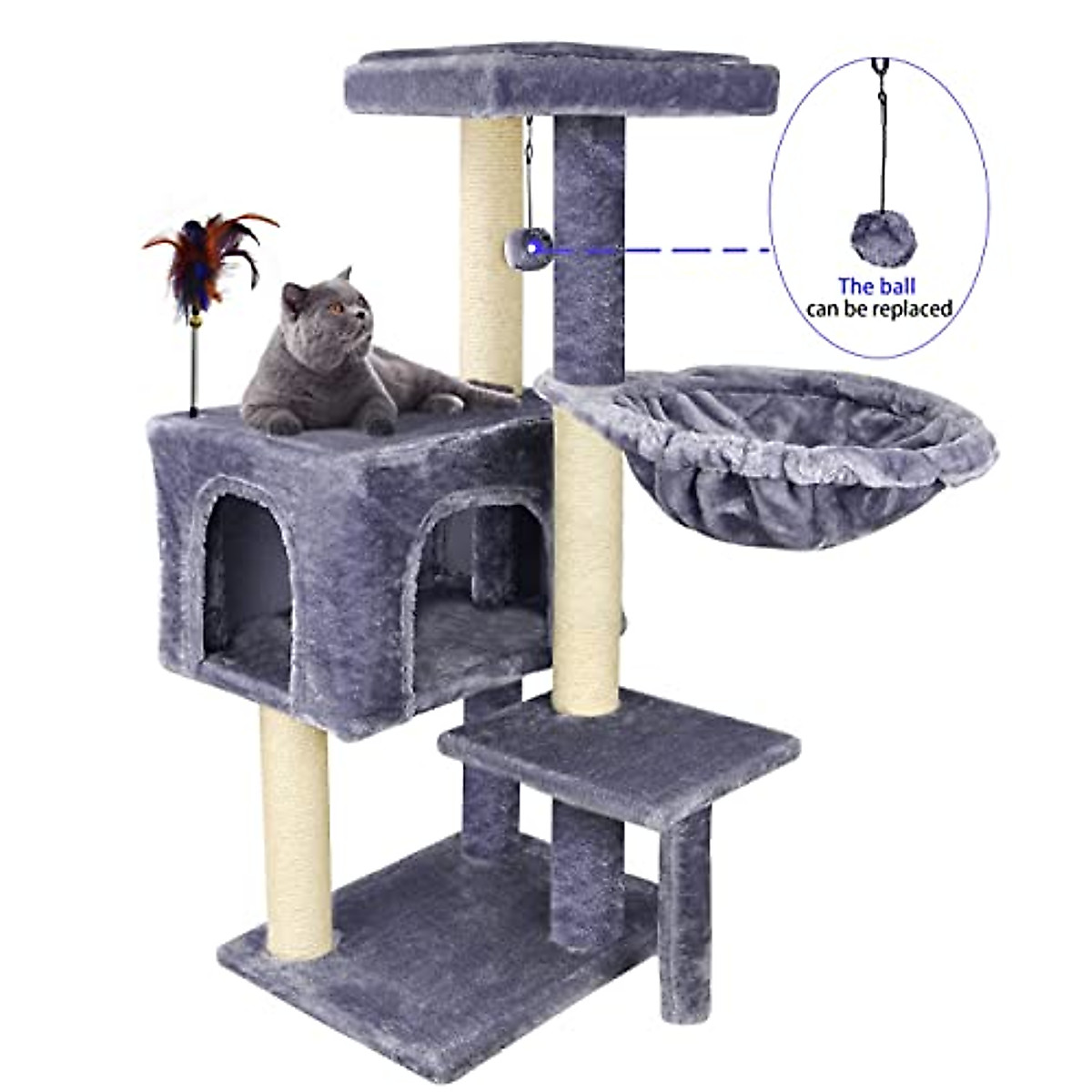 AIWIKIDE 002G Cat Tree has Scratching Toy with a Ball Activity Centre Cat Tower Furniture Jute-Covered Scratching Posts Grey …