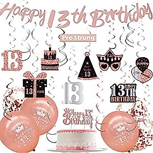 WOJOGO 13th Birthday Decorations for Girls Boys, Rose Gold 13 Birthday Decorations Kit, Teenager Happy 13th Birthday Banner Hanging Swirls Birthday Cake Topper Balloons for Party Supplies