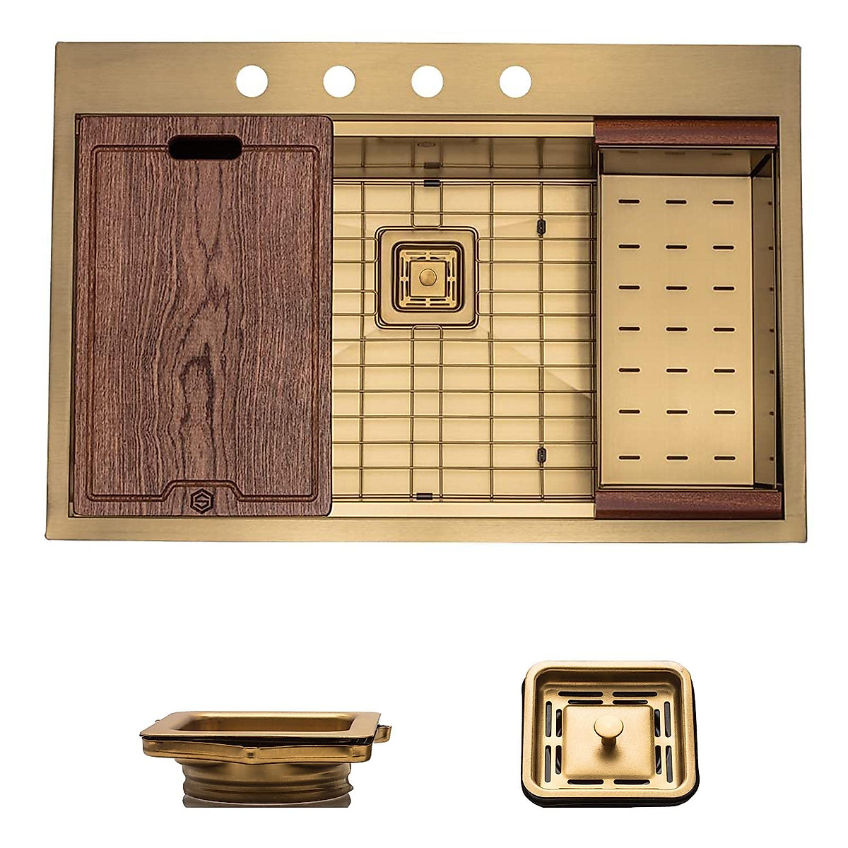 Strictly Sinks 33” Topmount Kitchen Workstation Sink Gold Single Bowl 16 Gauge Stainless Steel Drop In Sink With Scratch, Stain Resistant Colander, Cutting Board, Bottom Grid & Square Disposal Adapter