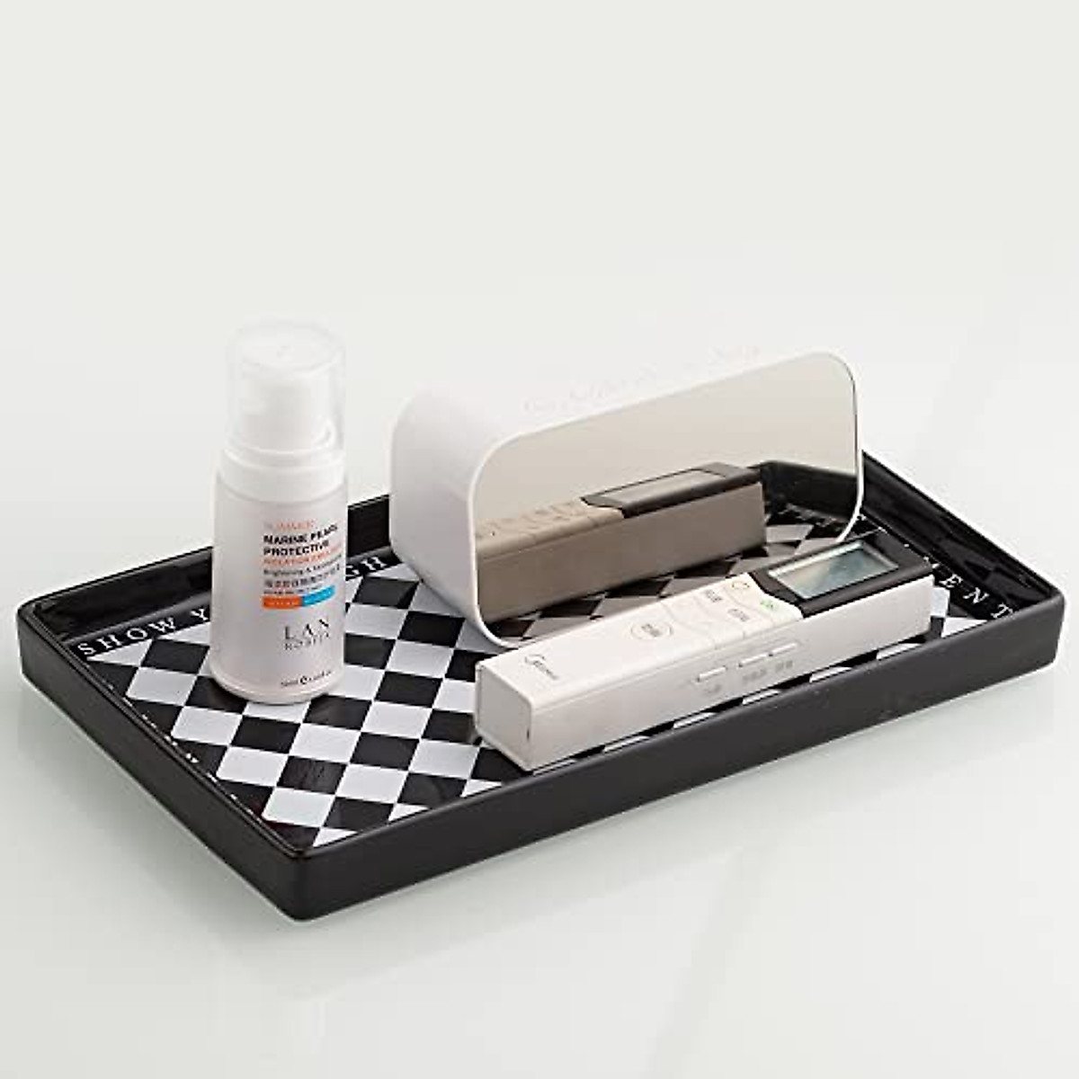 Redelaenor Ring Dish Rectangular Trinket Jewelry Tray Ceramic Dresser Bathroom Vanity Storage and Holder Black and White Grid Medium