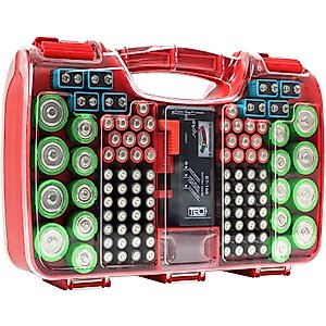 Battery Organizer Storage Case with Tester, Holds 180 Batteries, Clear Hinged Cover, Locking Lid - For AA, AAA, C, D and More