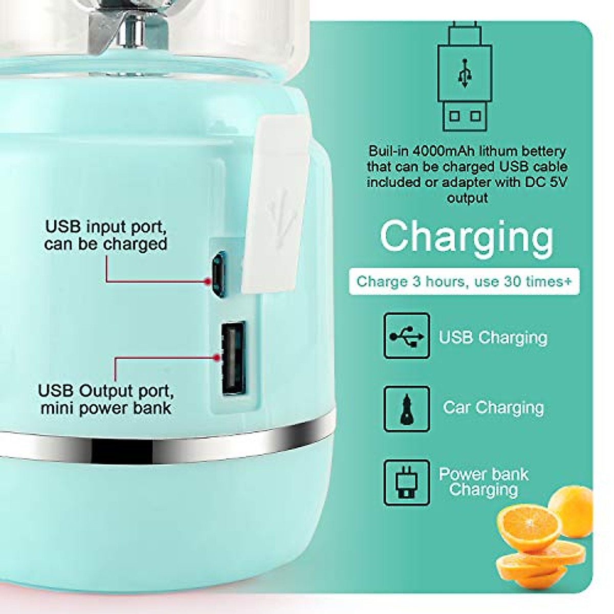 iOCSmart Portable Personal Size Blender, USB Rechargeable Mini Fruits Small Juicer Blender for Shakes and Smoothies with 2 Juice Cup Portable on the Go (Blue)