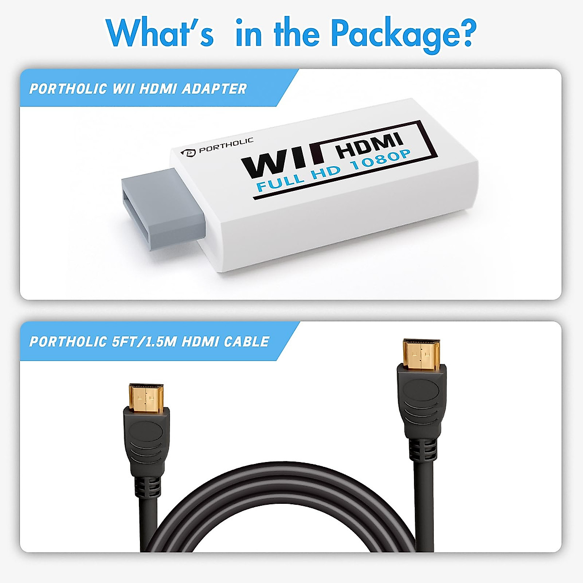 PORTHOLIC Wii to HDMI Converter 1080P with 5FT/1.5M High Speed HDMI Cable Wii2 HDMI Adapter Output Video&Audio with 3.5mm Jack Audio, Support All Wii Display 720P, NTSC, Compatible with HD Device