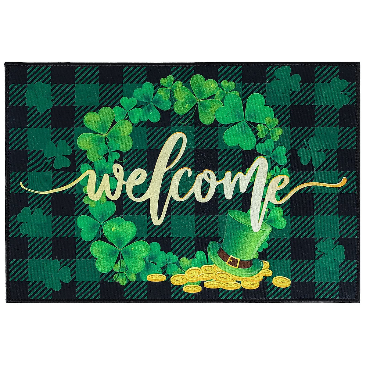 Whaline St. Patrick's Day Doormat Lucky Shamrock Welcome Floor Mat Green Black Buffalo Plaids Felt Front Door Rug for Irish Holiday Spring Indoor Outdoor Kitchen Bedroom, 23.6 x 15.7 Inch