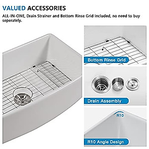 33 White Farm Sink - Fulorni 33"x20" Curved Apron Front Farmhouse Sink Single Bowl Ceramic Porcelain Fireclay Farmer Style Kitchen Sink Basin