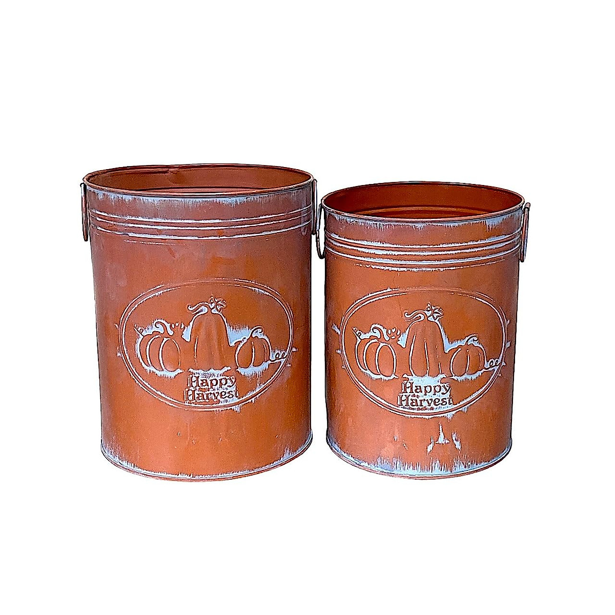 DNS Happy Harvest Buckets Large Metal Galvanized Burnt Orange Pumpkin Theme Containers Thanksgiving Fall Decorative Organizer (Set of 2) 9.2" & 8.8"