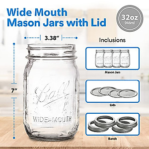 Wide Mouth Mason Jars 32 oz. (12 Pack) - Quart Size Jars with Airtight Lids and Bands for Canning, Fermenting, Pickling, or DIY Decors and Projects Bundled with Jar Opener