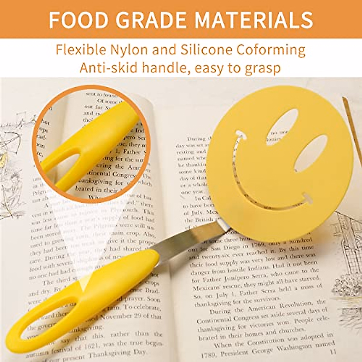 Egg Spatula Fun Kitchen Items Smiley Face Spoon Smiley Nylon Flex Turner Utensil Co-Molded With Silicone, Sturdy Steel Handle for Non Stick Cookware Cooking, Fish,Eggs, Pancakes, Fried Rice.