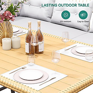 YITAHOME Patio Wicker L-Shaped Furniture Set, All-Weather Rattan Outdoor Conversation Sofa Set for Backyard Deck with Soft Cushions,Ottomans and Plastic Wood Dining Table (Light Brown+Gray)