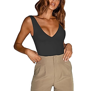 REORIA Women's Summer Sexy Plunge Deep V Neck Sleeveless Double Lined One Piece Tank Tops Thong Bodysuits Leotards for Going Out Black- Medium