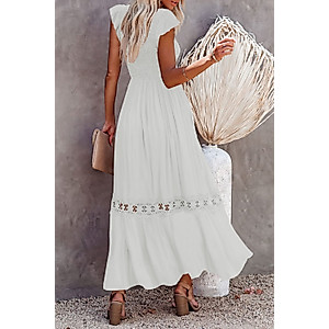 Ferlema Womens Summer Boho V Neck Sleeveless Solid Color Crochet Hem Ruffle A Line Beach Long Maxi Dress White Medium