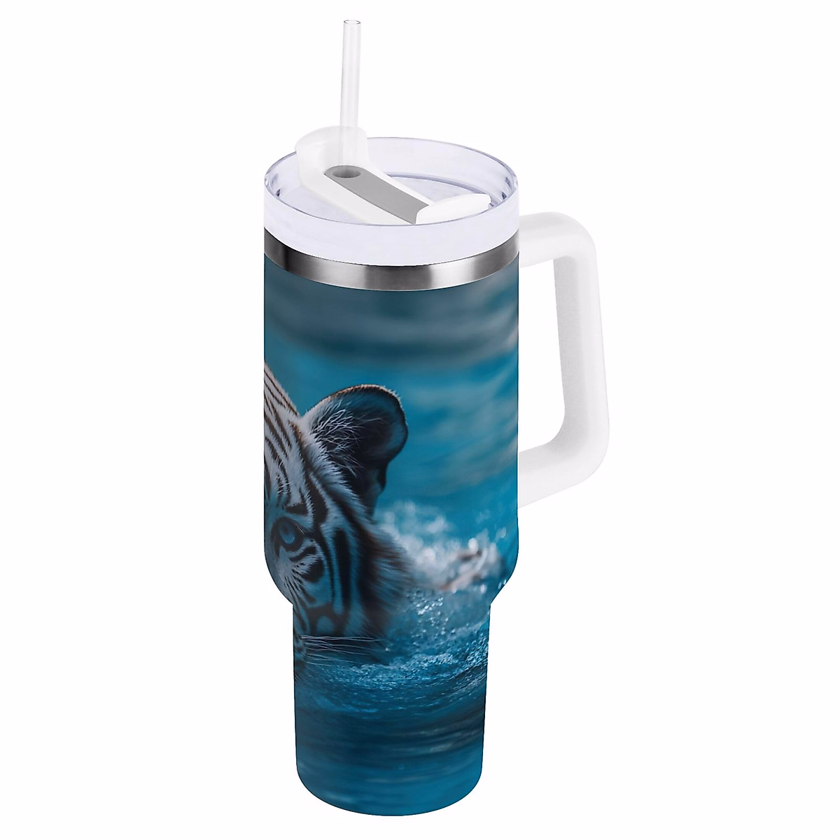 Qilmy 40 oz White Tiger Tumbler with Handle and Straw Lid for Water Iced Tea or Coffee, Stainless Steel Insulated Leak-proof Travel Coffee Mug Cup Gifts
