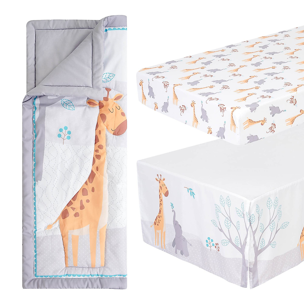 The Hōmistry Jungle Friends Crib Bedding Set for Boys or Girls | 3-Piece - Crib Quilt, Fitted Sheet, Crib Skirt