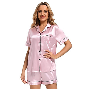 Finvizo Womens Silk Satin Pajamas Set: Soft Short Sleeve Two-piece Pjs Silky Button-down Sleepwear Loungewear Shorts Set,Pink S