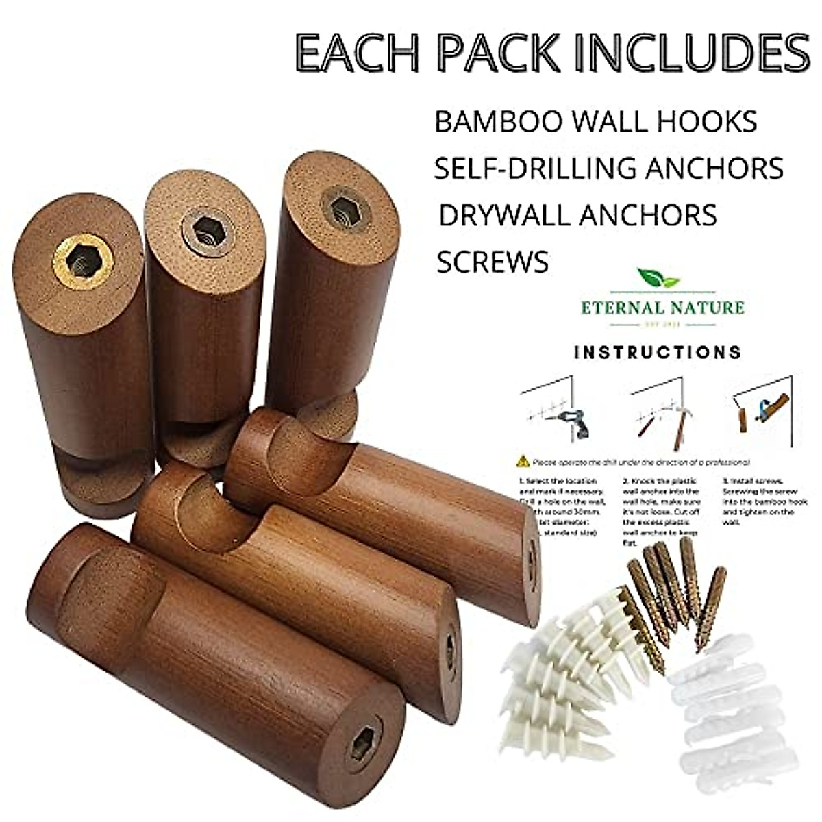 Eternal Nature Bamboo Wood Wall Hooks 6 Pack - Handmade Rustic Mounted Hooks - Heavy Duty Wooden Wall Hooks- Modern Decorative Entryway Hanger Peg Set for Hanging Coat Hat Cap Bag Backpack Clothes