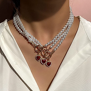Asphire Vintage Pearl Necklace with Ruby Heart Pendant Elegant Bridal Crystal Gem Necklace Toggle Clasp Choker Necklace for Women Wedding Festival Gift