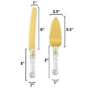 Homi Styles Wedding Cake Knife and Server Set | Plastic Faux Crystal Handles & 420 Stainless Steel Titanium gold plated Blades | Cake Cutting Set for Wedding Cake, Birthdays, Anniversaries, Parties