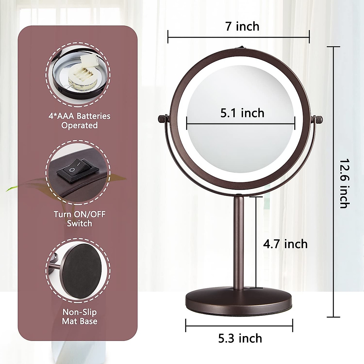 ALHAKIN Lighted Makeup Mirror, 1X/10X Makeup Mirror with Lights, 7 Inch Magnifying Mirror with Light Double Sided, 360°Swivel Standing Cosmetic Mirror, Antique Bronze
