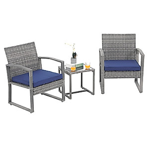 Patiorama 3 Pieces Outdoor Patio Furniture Set, Outdoor Wicker Conversation Set, Patio Rattan Chair Set, Modern Bistro Set with Coffee Table, Garden Balcony Backyard Poolside (Navy Blue)