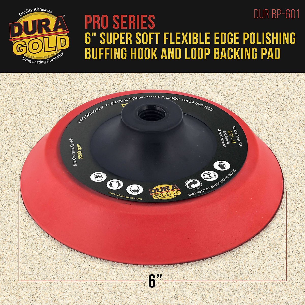 Dura-Gold Pro Series 6" Super Soft Flexible Edge Polishing Buffing Hook and Loop Backing Pad, 5/8" - 11 Threads - Rotary Polisher Buffer Backup Pad, Attach Foam Wool Buff Pads Automotive Car Detailing