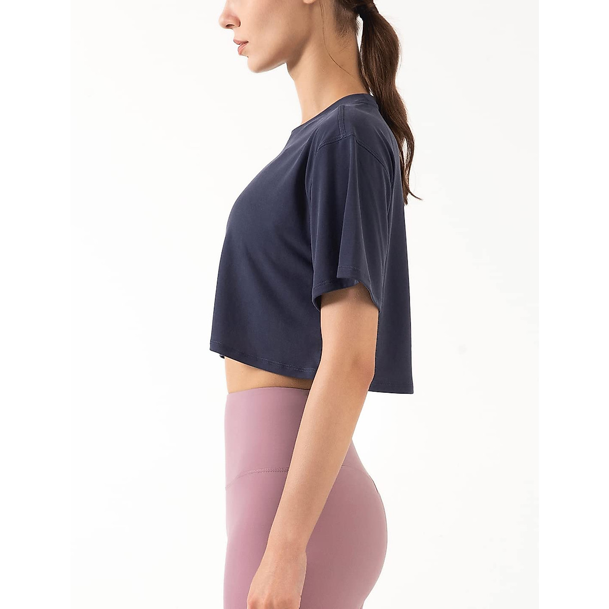 Gnveub Women's Lightweight Short Sleeves Yoga Shirt Soild Basic Crew Neck Crop Tops Athletic Workout Top(Navy,M)