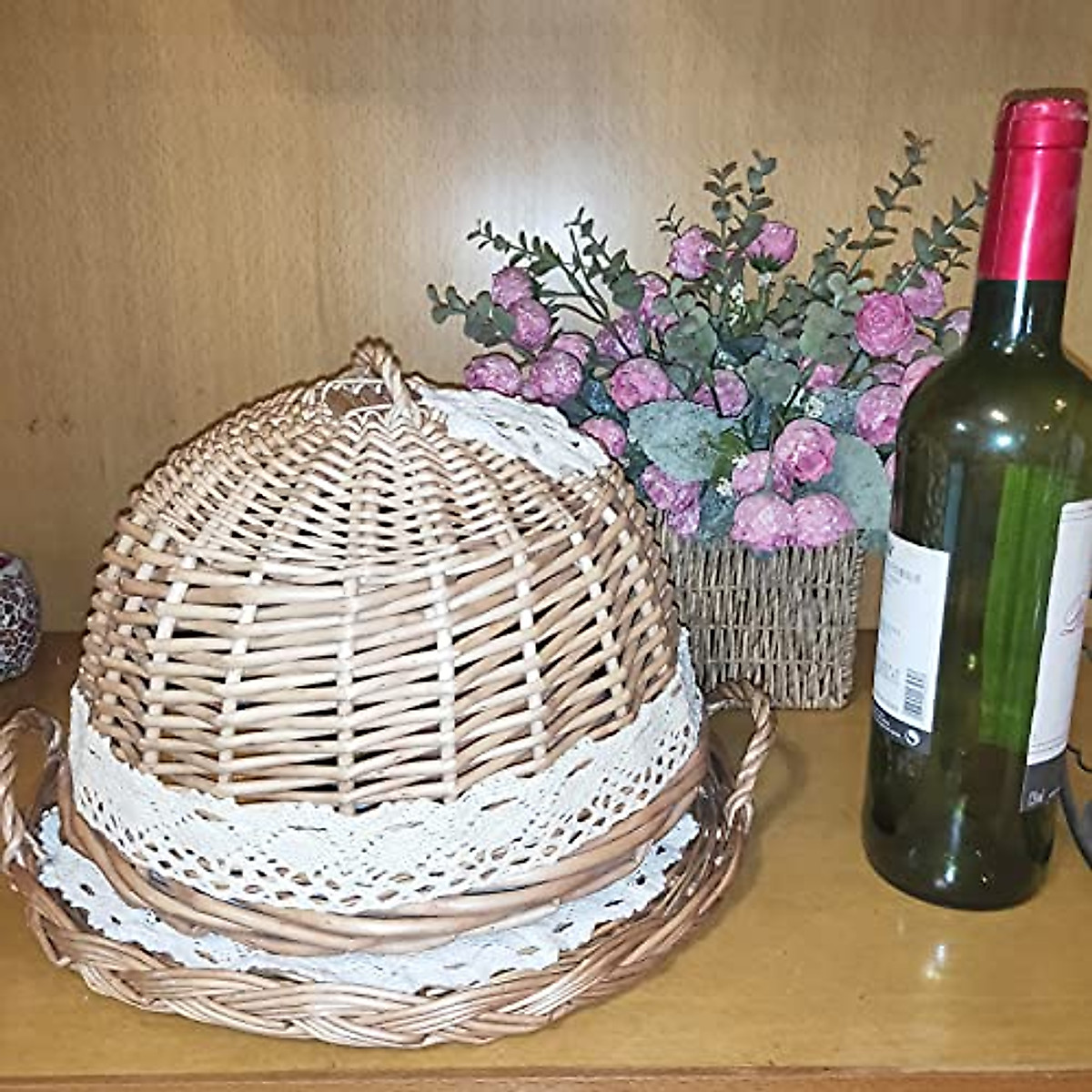 Coralpearl Rattan Wicker Woven Food Dome Lid Cover and Table Serving Tray Storage Plate Platter with Handles for Picnic Party Bread Cake Pizza Dry Fruit Dessert Indoor Outdoor (Brown)