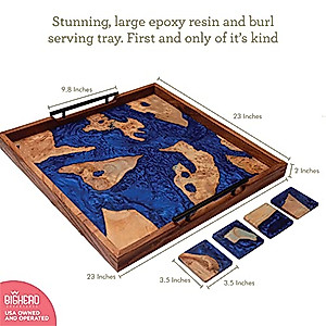 Bighead Epoxy Serving Tray Burl Tray with Epoxy Resin- Large Sized Blue Epoxy Wooden Tray-Ocean Inspired Resin Serving Tray for Home Decor Coffee Tray-with 4 Coaster Set (Blue)