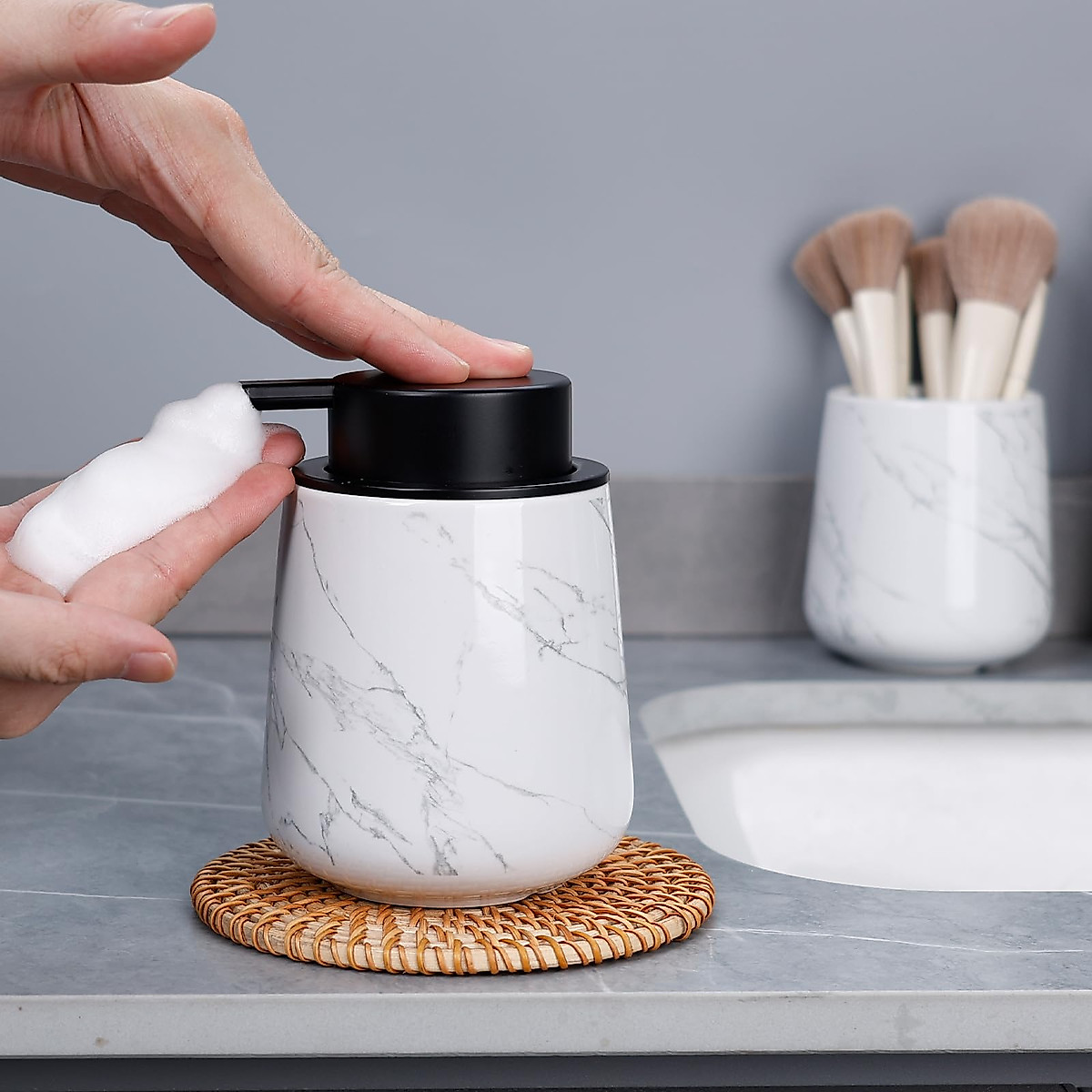 Bosilunlife Ceramic Foaming Soap Dispenser - 12 oz Marble Foam Hand Soap Dispenser Bathroom Countertop Soap Dispensers Kitchen Dish Soap Pump Dispenser Liquid Soap Dispenser for Bathroom