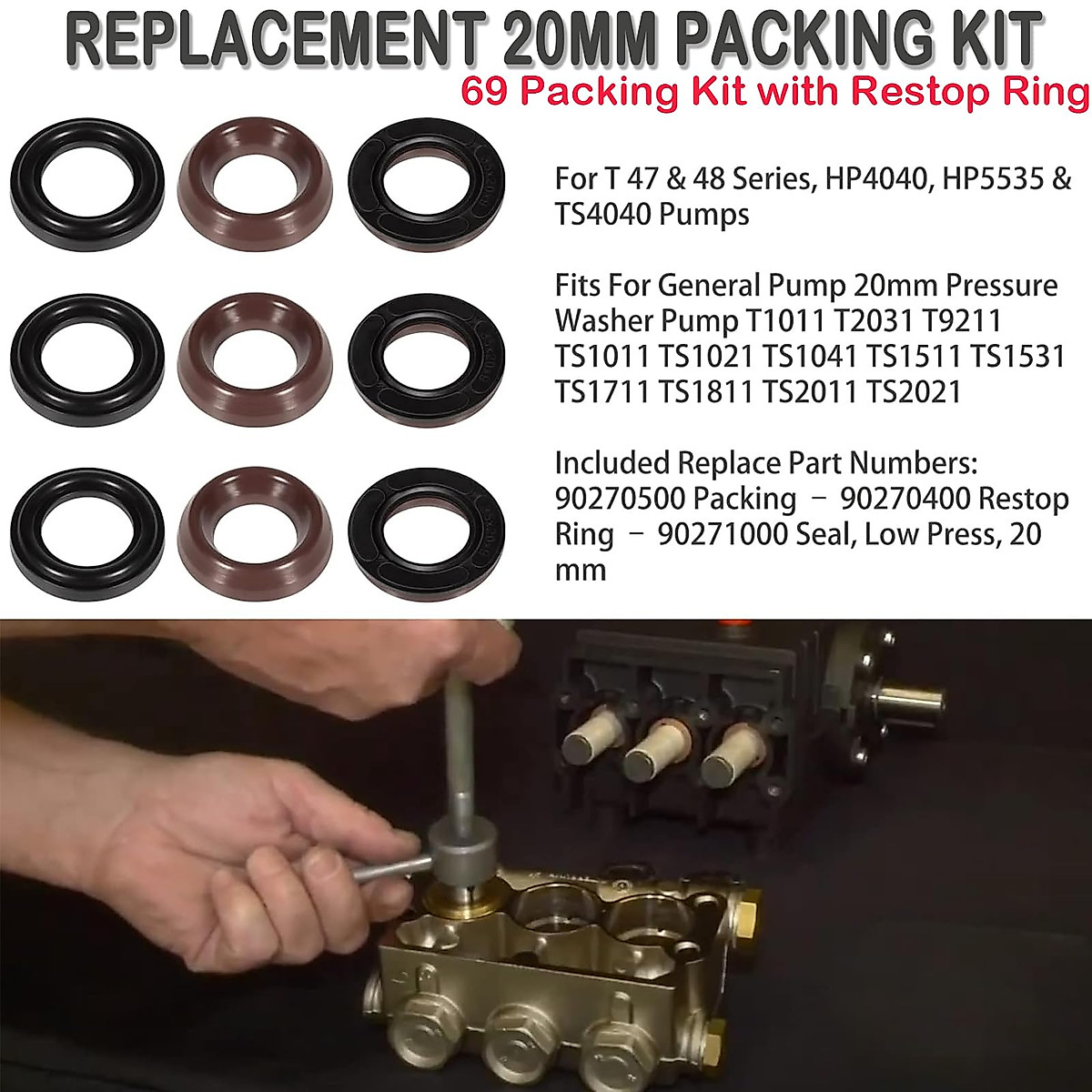 JIAD Replacement for 20mm Pump Part K69 Packing Seal Repair Kit for T 47 & 48 Series, HP4040, HP5535 & TS4040 Pumps with Restop Ring for 20mm Pressure Washer Pump