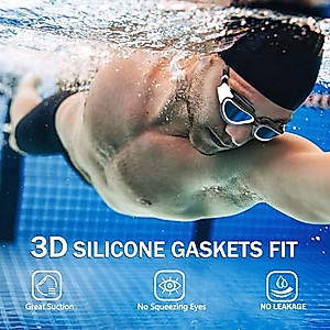 Fulllove Swimming Goggles, Tenfold Anti Fog Swim Goggles for Adult Men Women Youth, Anti UV No Leakage with Nose Clip Earplugs(C/Black&White/Blue Mirrored Lens)