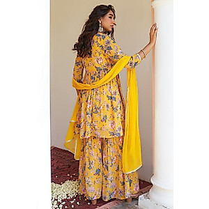 Janasya Indian Women's Yellow Georgette Digital Floral Printed Kurta with Sharara and Dupatta