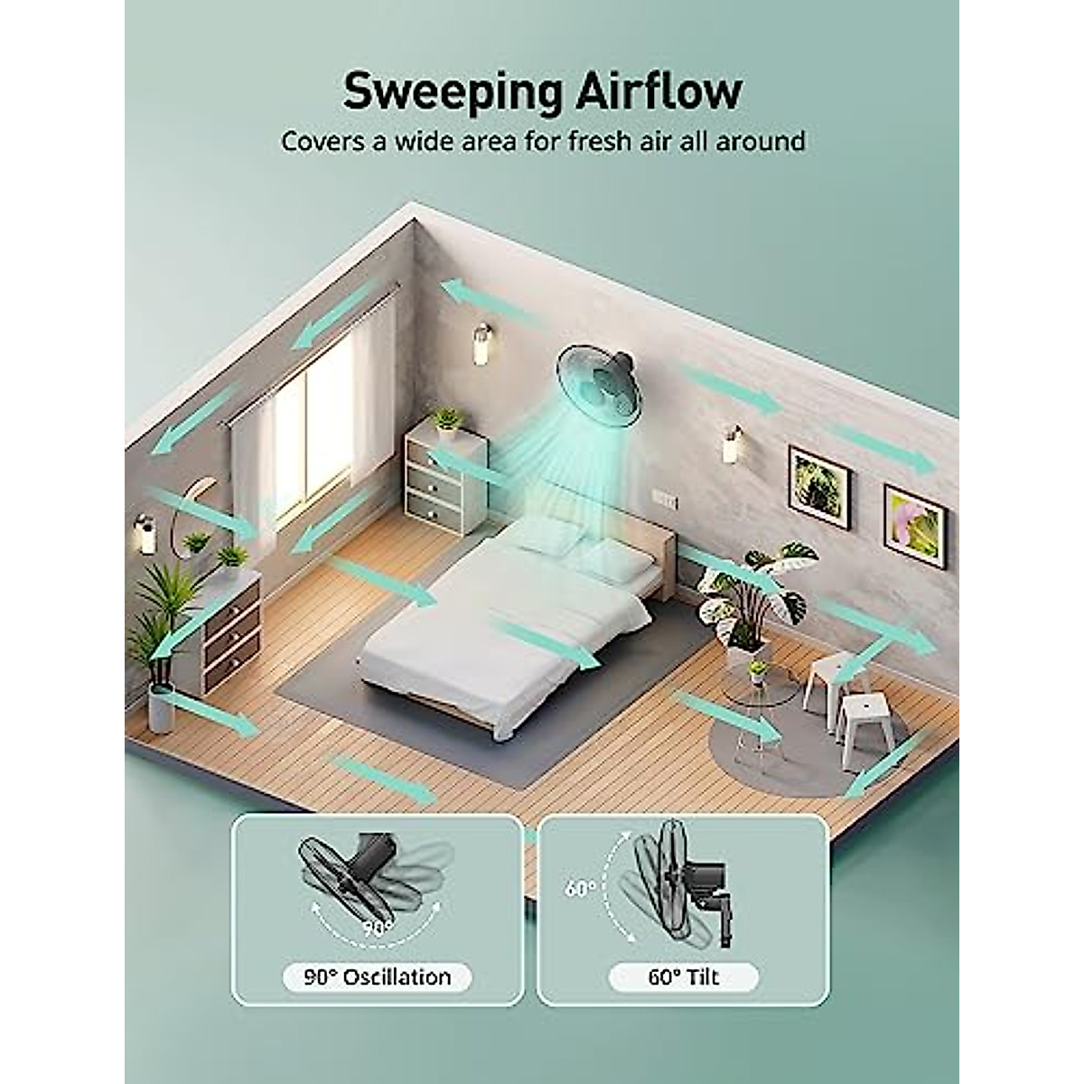 PARIS RHÔNE Wall Mount Fan with Remote,16 Inch Wall Fan with 5 Blades, 5 Speeds, 8 Hour Timer, 90° Oscillating Quiet Wall Fan with Remote for Home Office Bedroom Living Room Garage